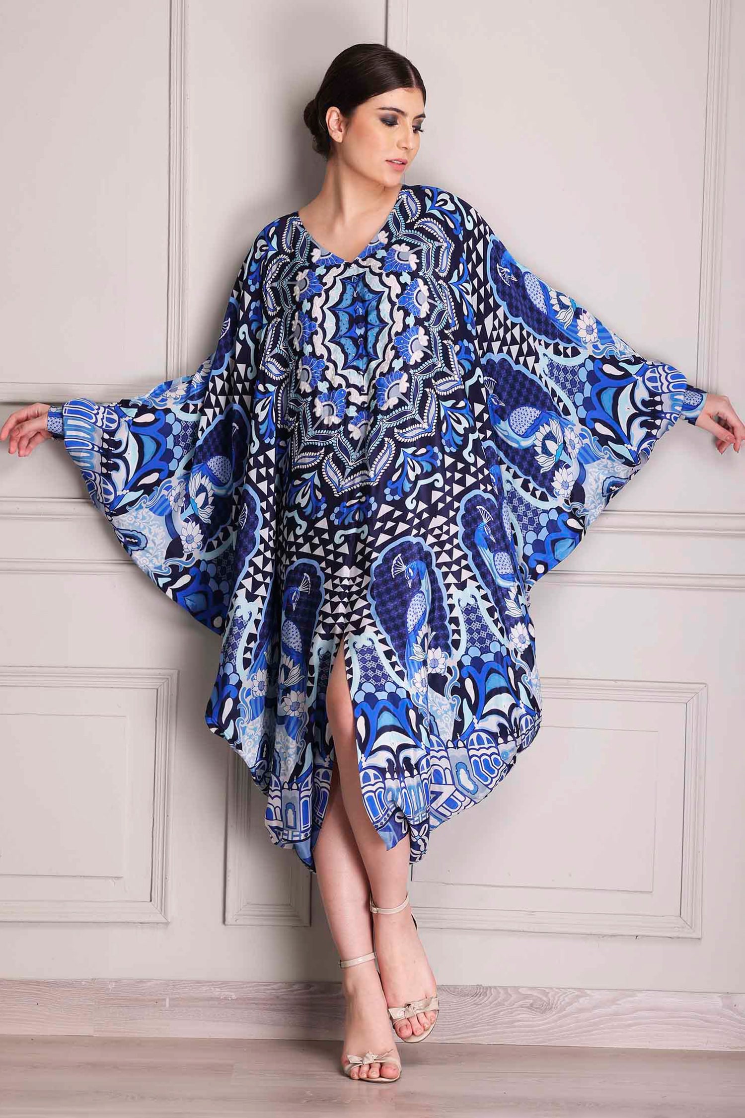 Buy Alpona Designs Blue Crepe Palace Print Kaftan Dress Online | Aza ...