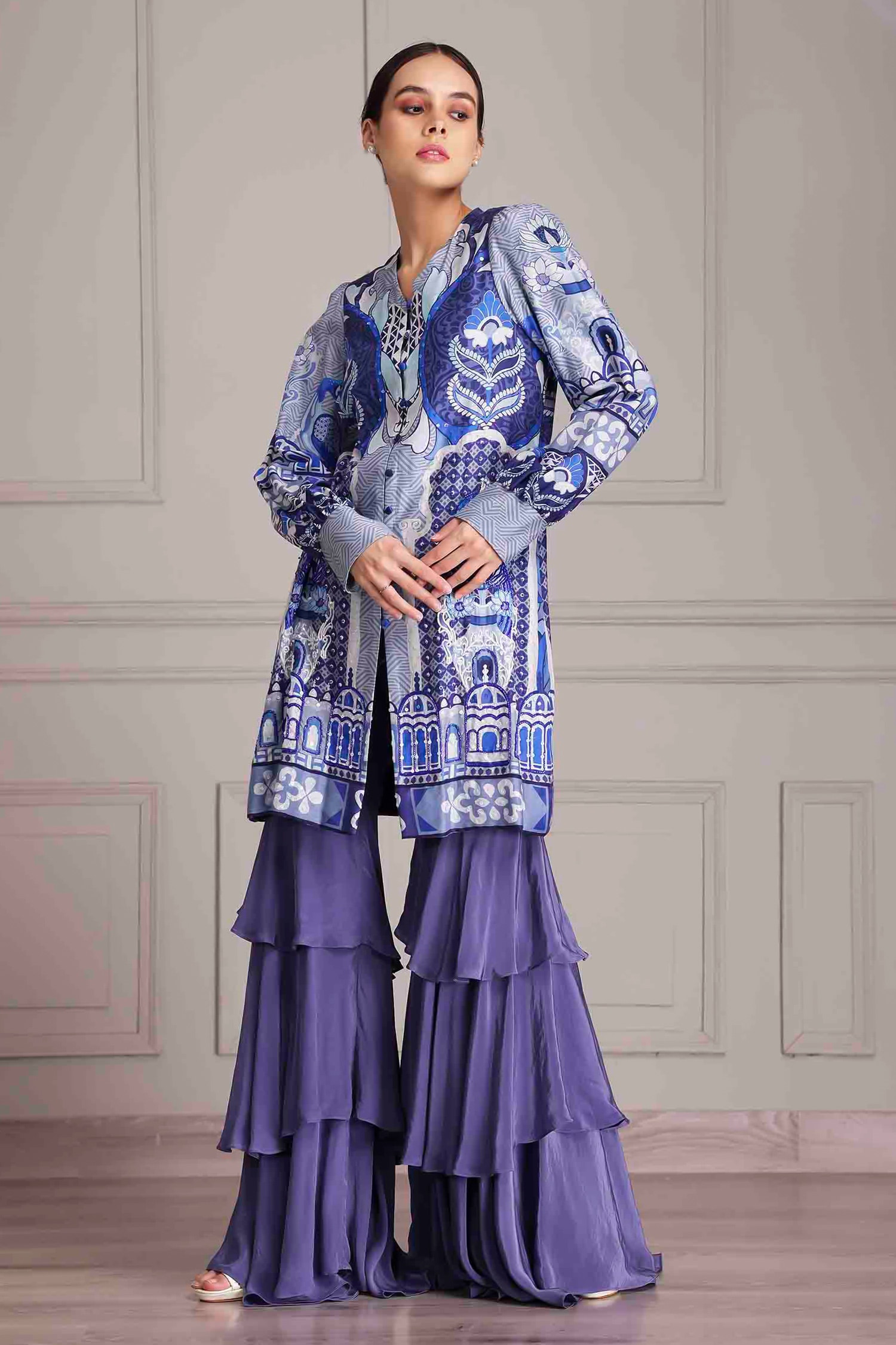 Buy Alpona Designs Blue Crepe Multi Layered Sharara Online | Aza Fashions