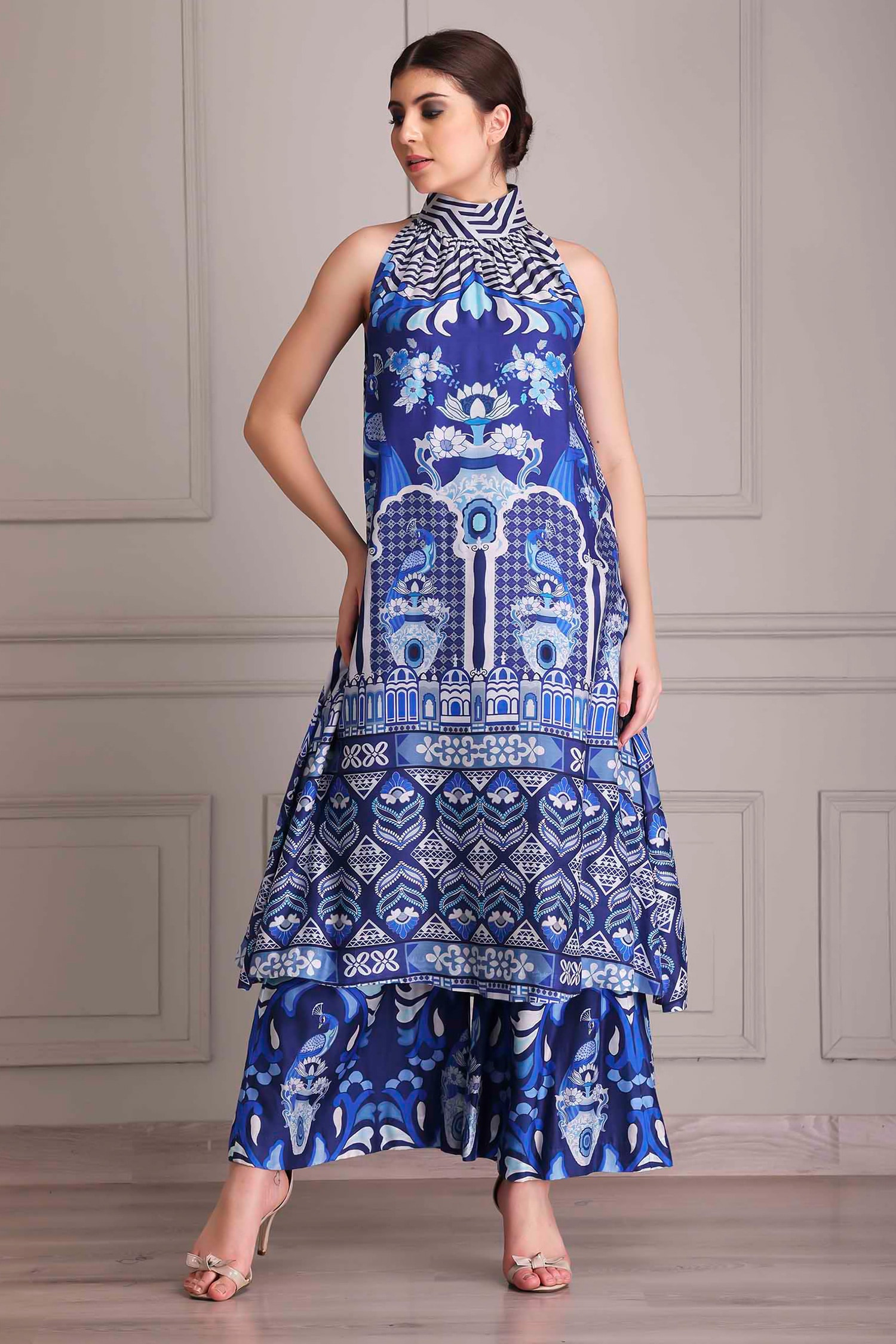 Buy Blue Cotton Silk Printed Palace Flared Pant For Women by Alpona ...