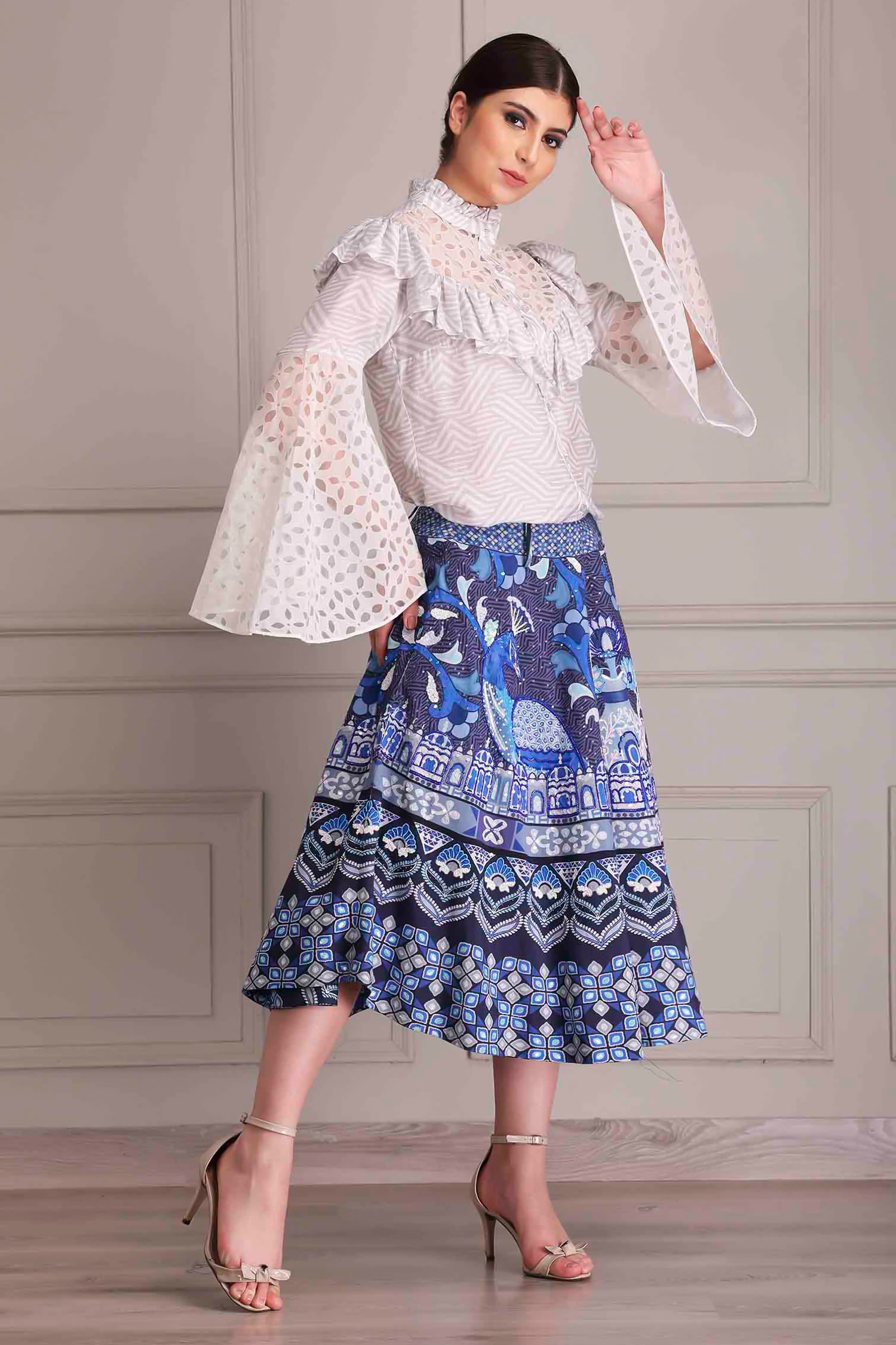 Buy Alpona Designs Blue Cotton Silk Printed And Embroidered Skirt ...