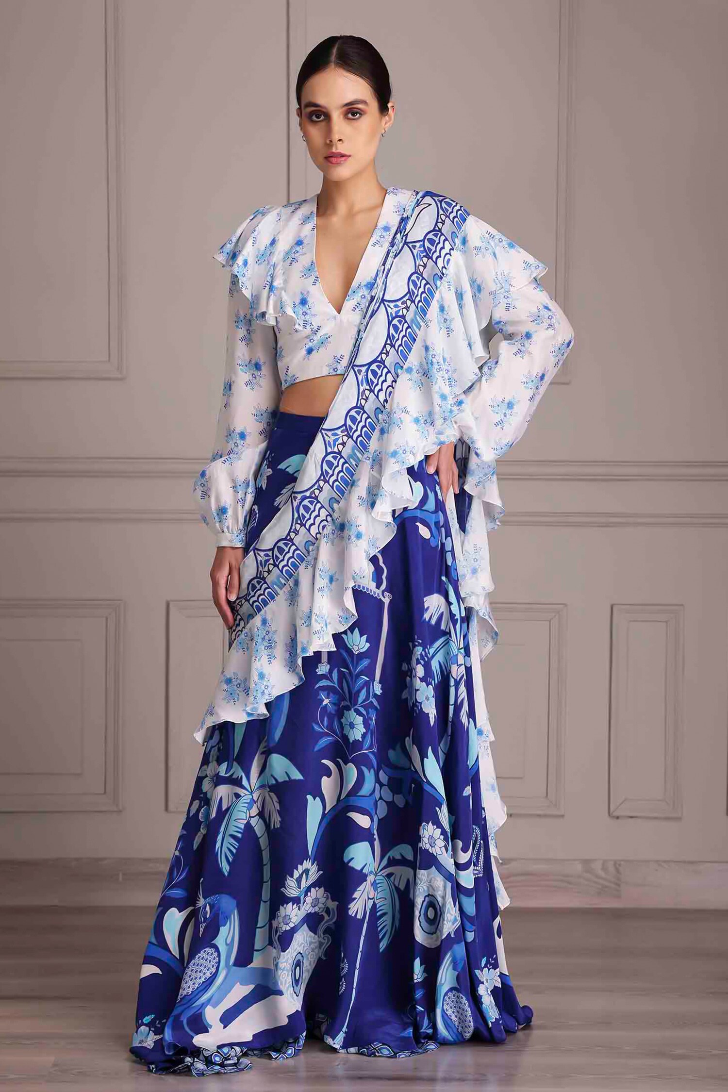Buy Alpona Designs Blue Printed Skirt Saree And Blouse Set Online | Aza ...