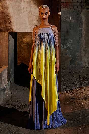 Buy AKHL Yellow Chiffon Two Tone Sequin Embroidered Dress Online | Aza ...