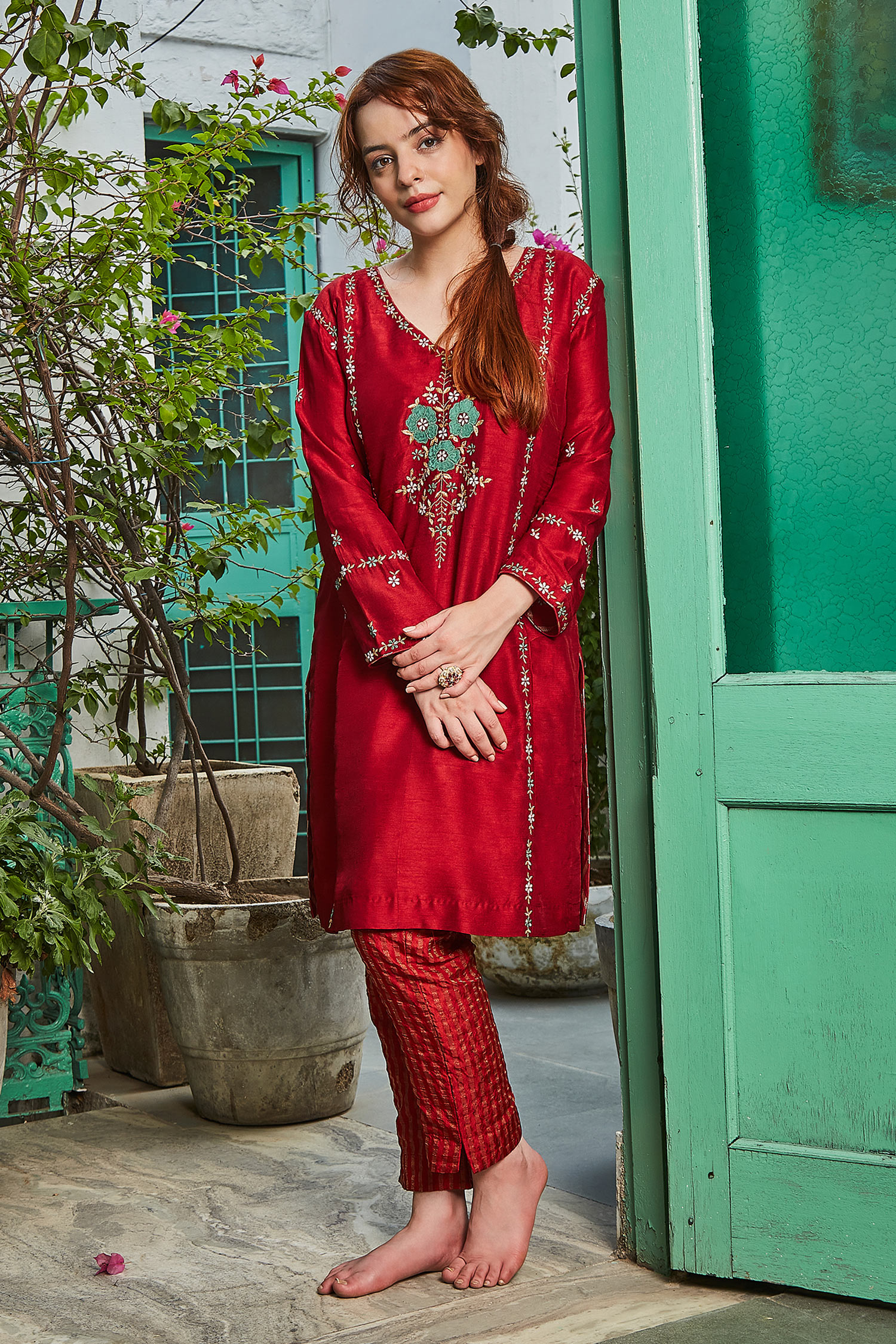 Buy Bo tree Maroon Thin Raw Silk Berry Embroidered Kurta And Cotton ...