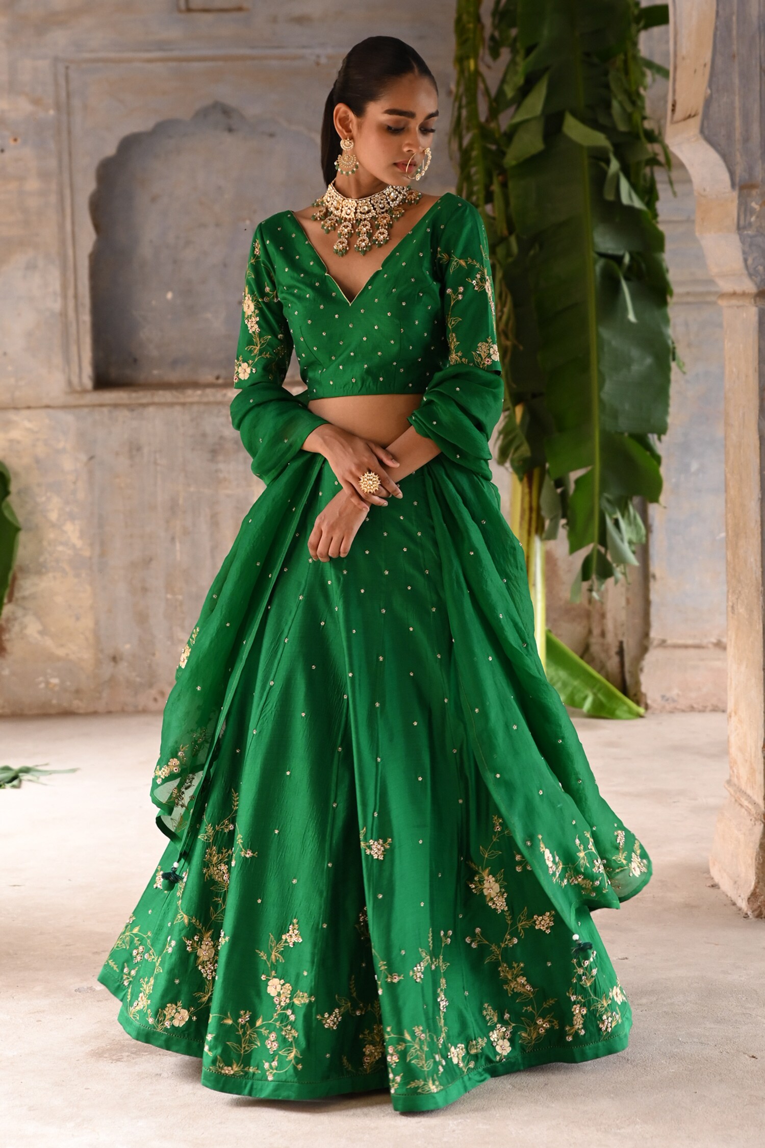 Buy Green Silk Embroidered Zari And Zardozi Work V Neck Phool Bridal