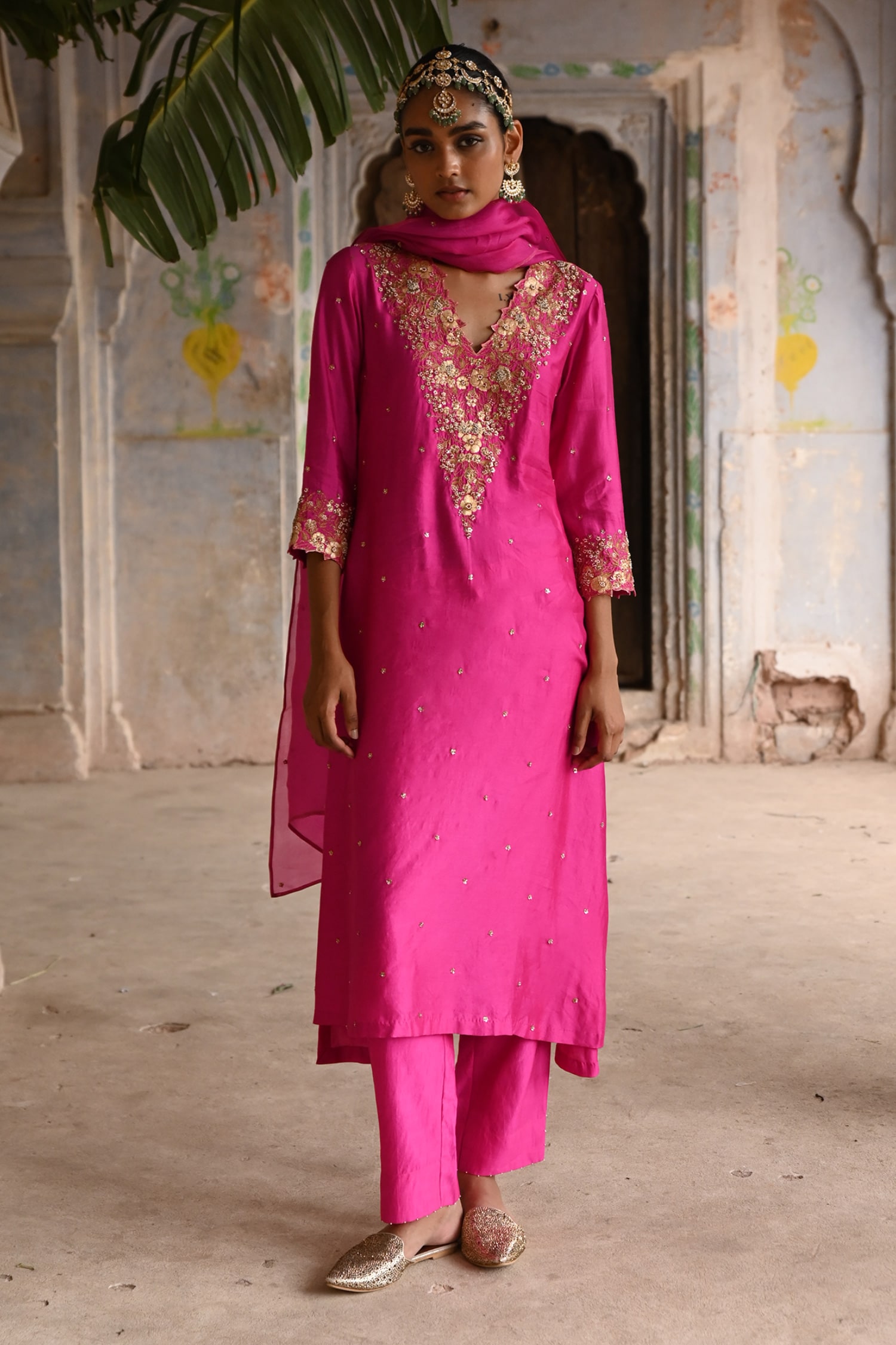 Buy Pink Silk Embroidery Zari V Neck Petunia Zardozi Yoke Kurta Pant ...