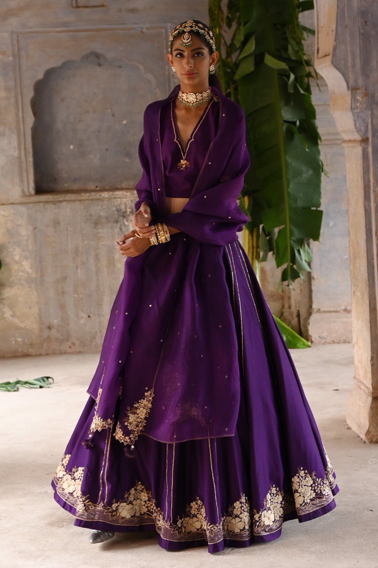 Buy Purple Silk Embroidery Guchha Phool V Neck Kali Lehenga Blouse Set ...