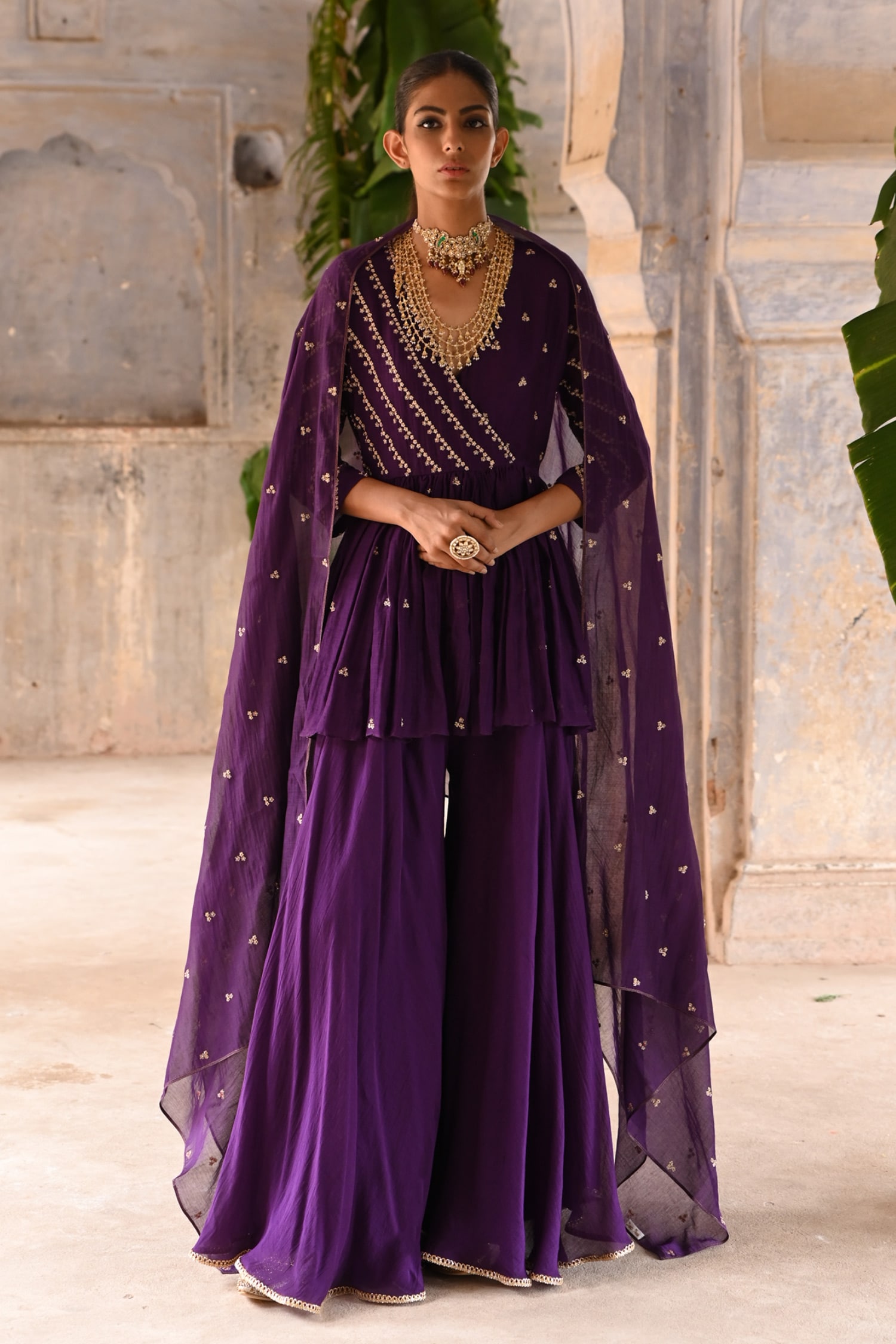 Buy Deep Thee Purple Chanderi Zari Phool Stripe Embroidered Peplum ...