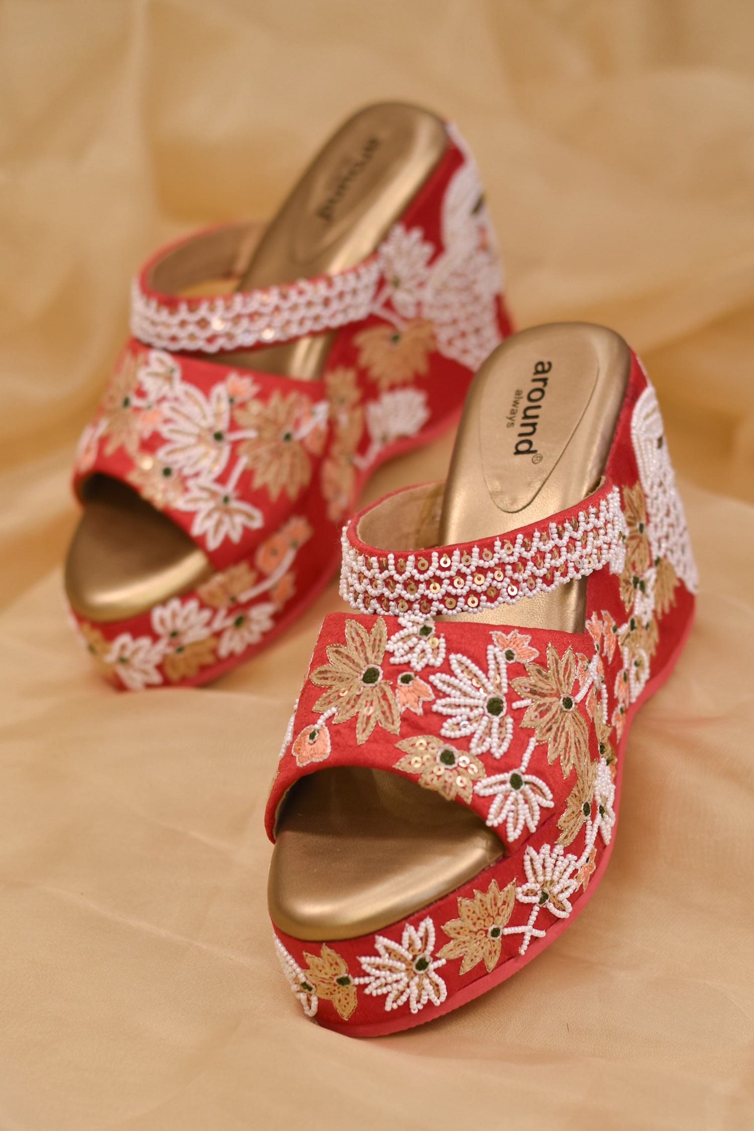 Buy Red Zari Pankh Thread Embroidered Wedges by Around Always Online at ...