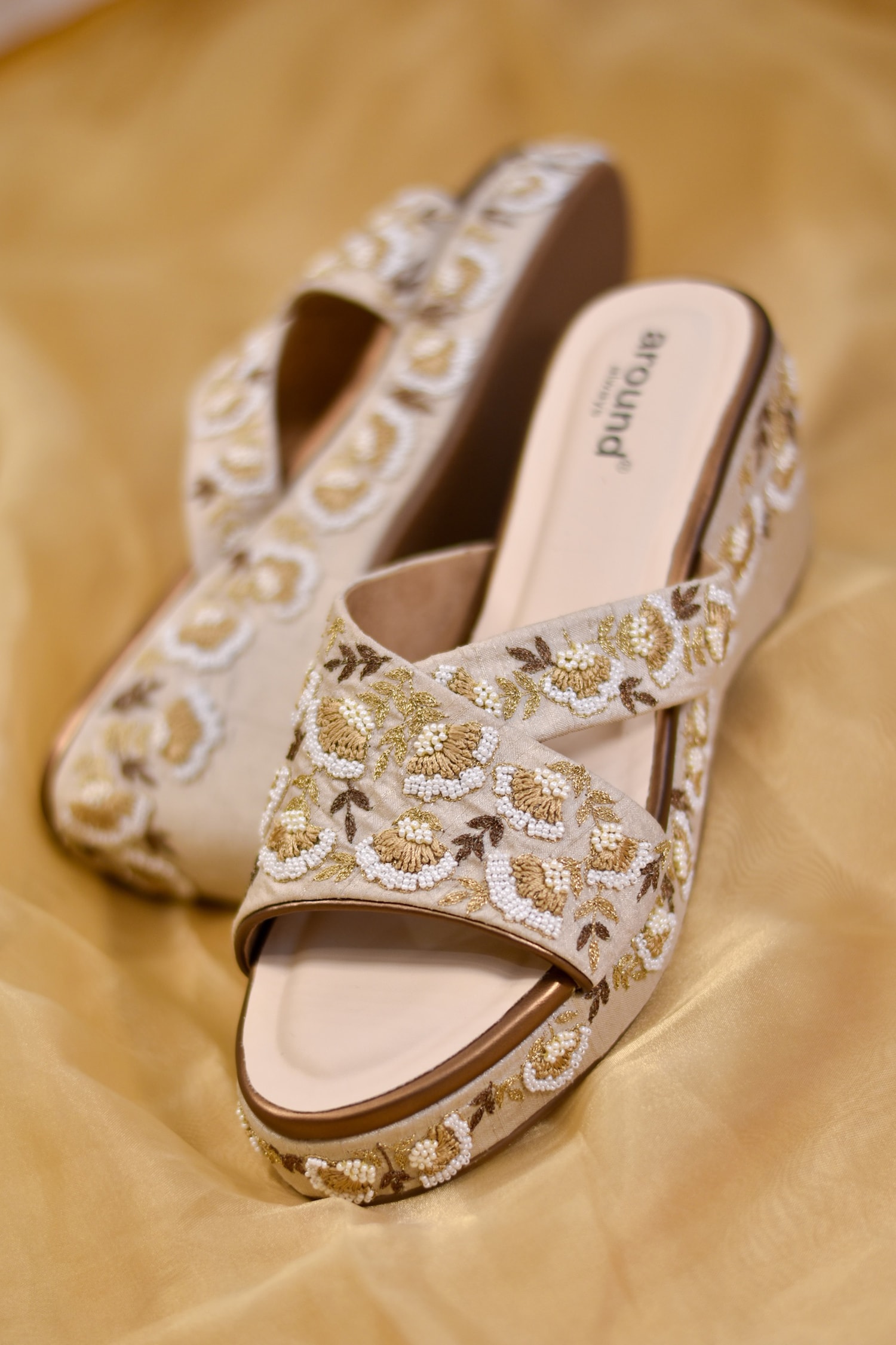 Buy Ivory Zari Zohra Bead Embroidered Wedges by AROUND ALWAYS Online at ...