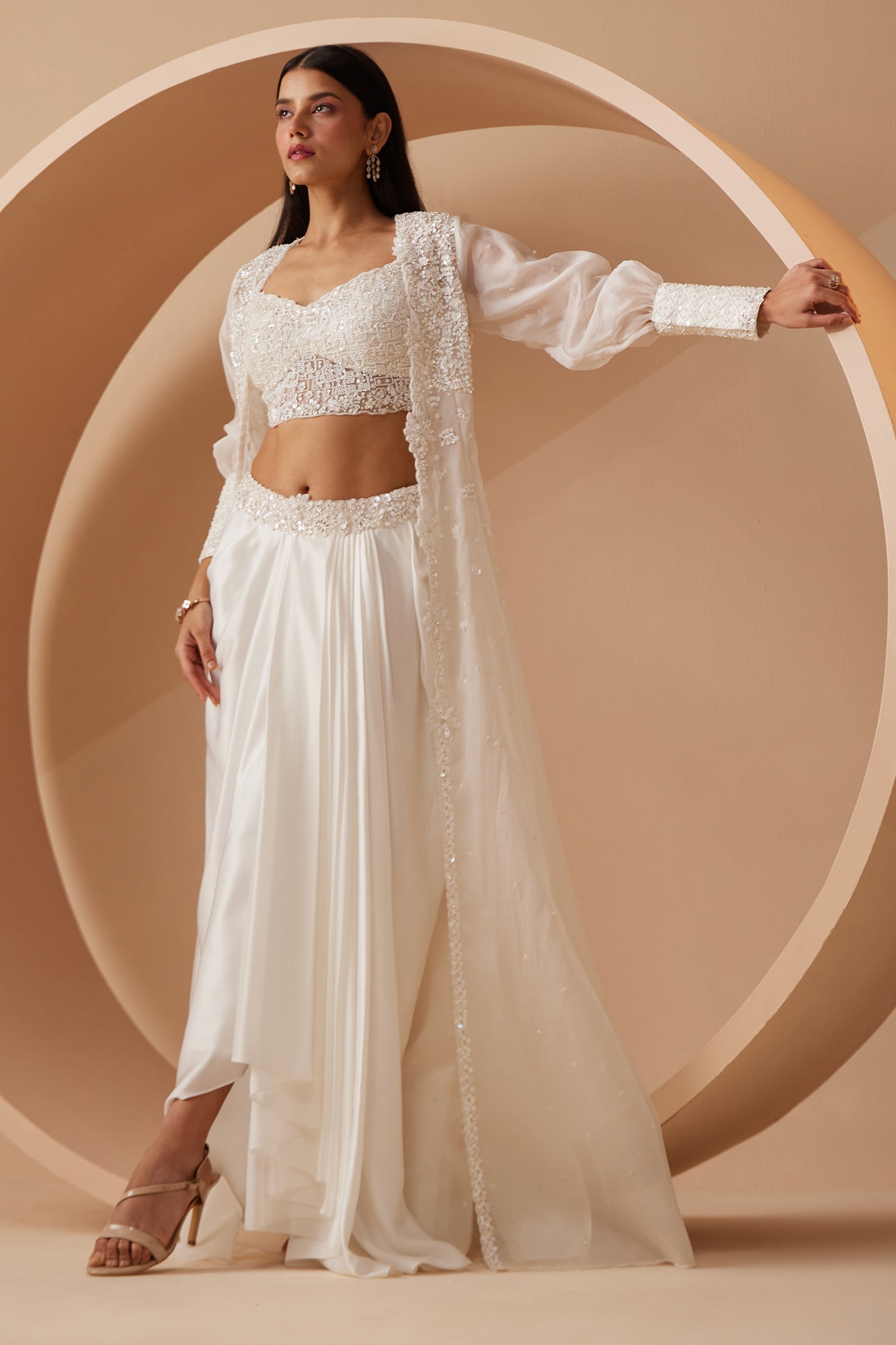Buy White Blouse And Dhoti Skirt Modal Satin Embroidery Edessa Hand ...