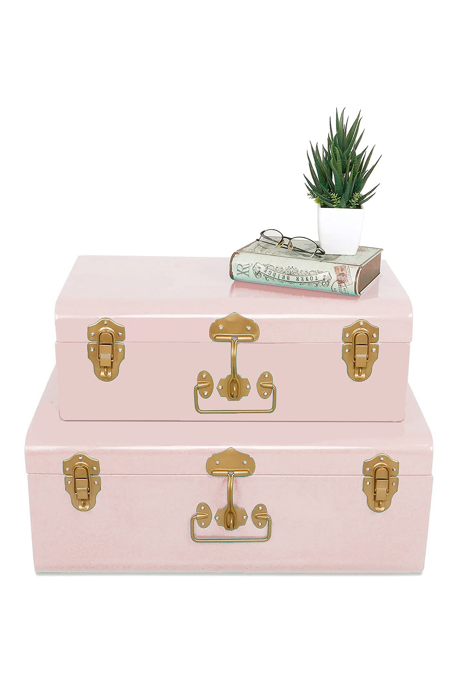 Living With Elan Pink Metal Solid Rectangular Storage Trunks - Set Of 2