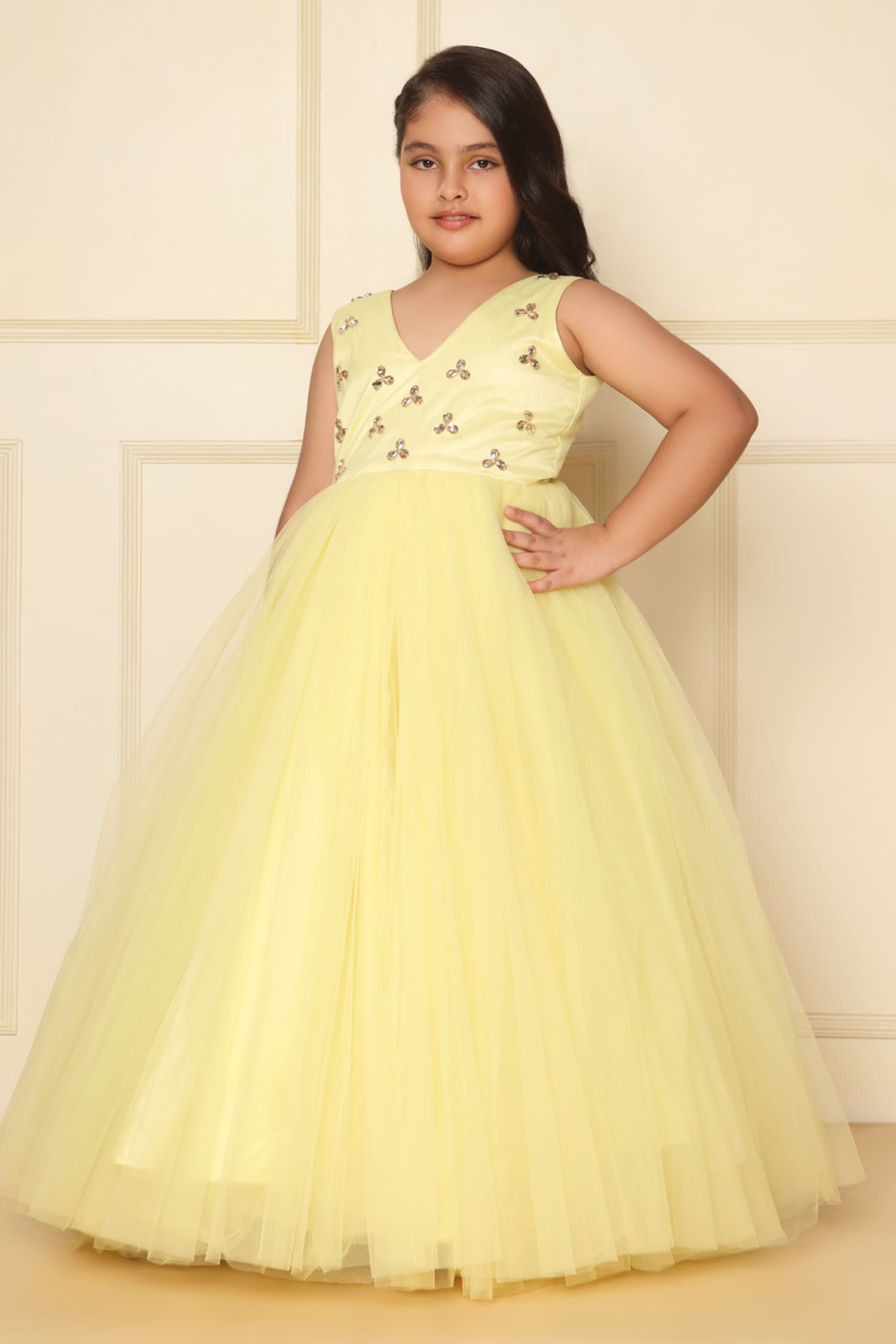 Buy Yellow Net 3d Crystals Embellished Bodice Ball Gown For Girls by ...