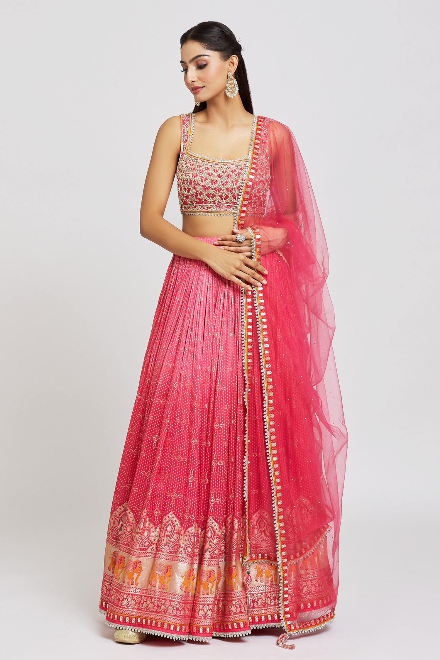 Buy Pink Shaded Textured Traditional And Bandhani Print Lehenga Blouse ...
