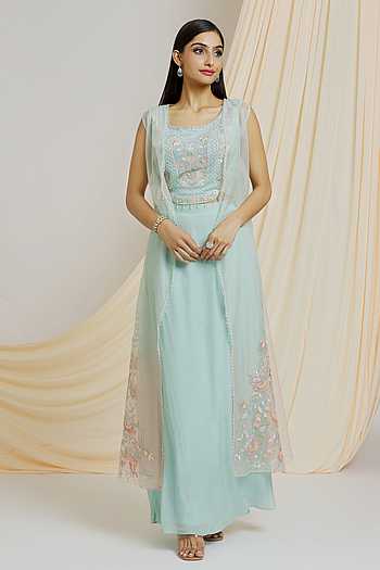 Buy Blue Silk Embroidery Floral Round Neck Bloom Cape Skirt Set For ...