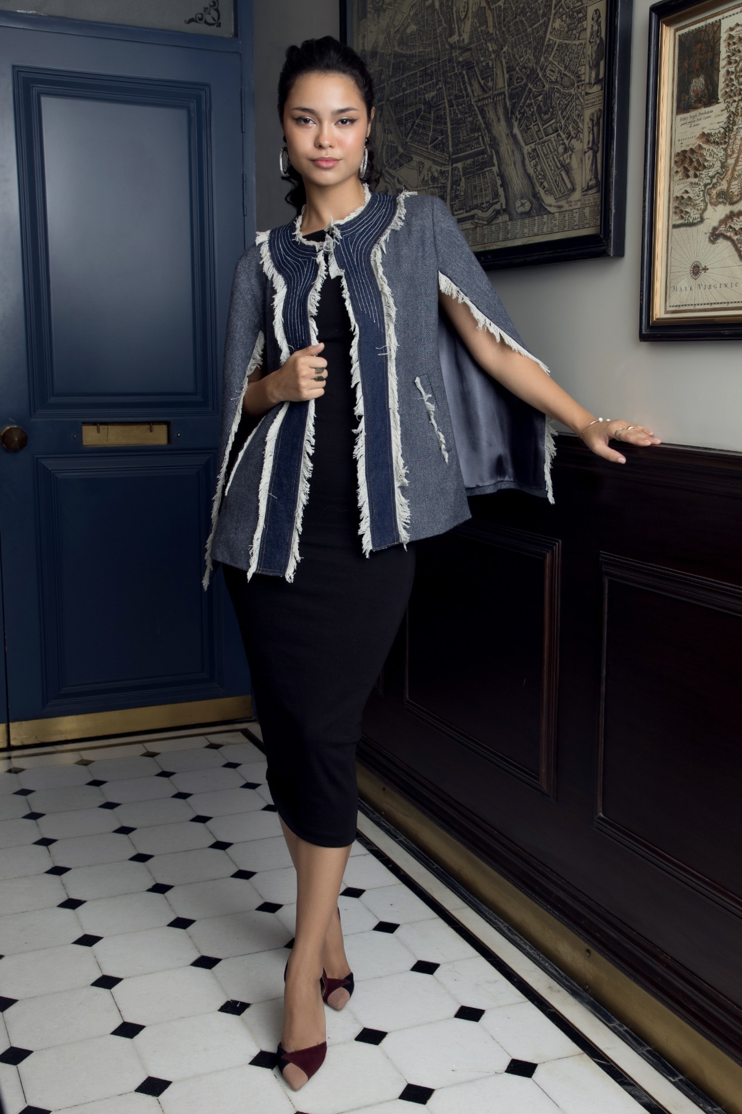 Buy Blue Wool Blend/denim Embellished Round Dynamo Frayed Denim Cape ...