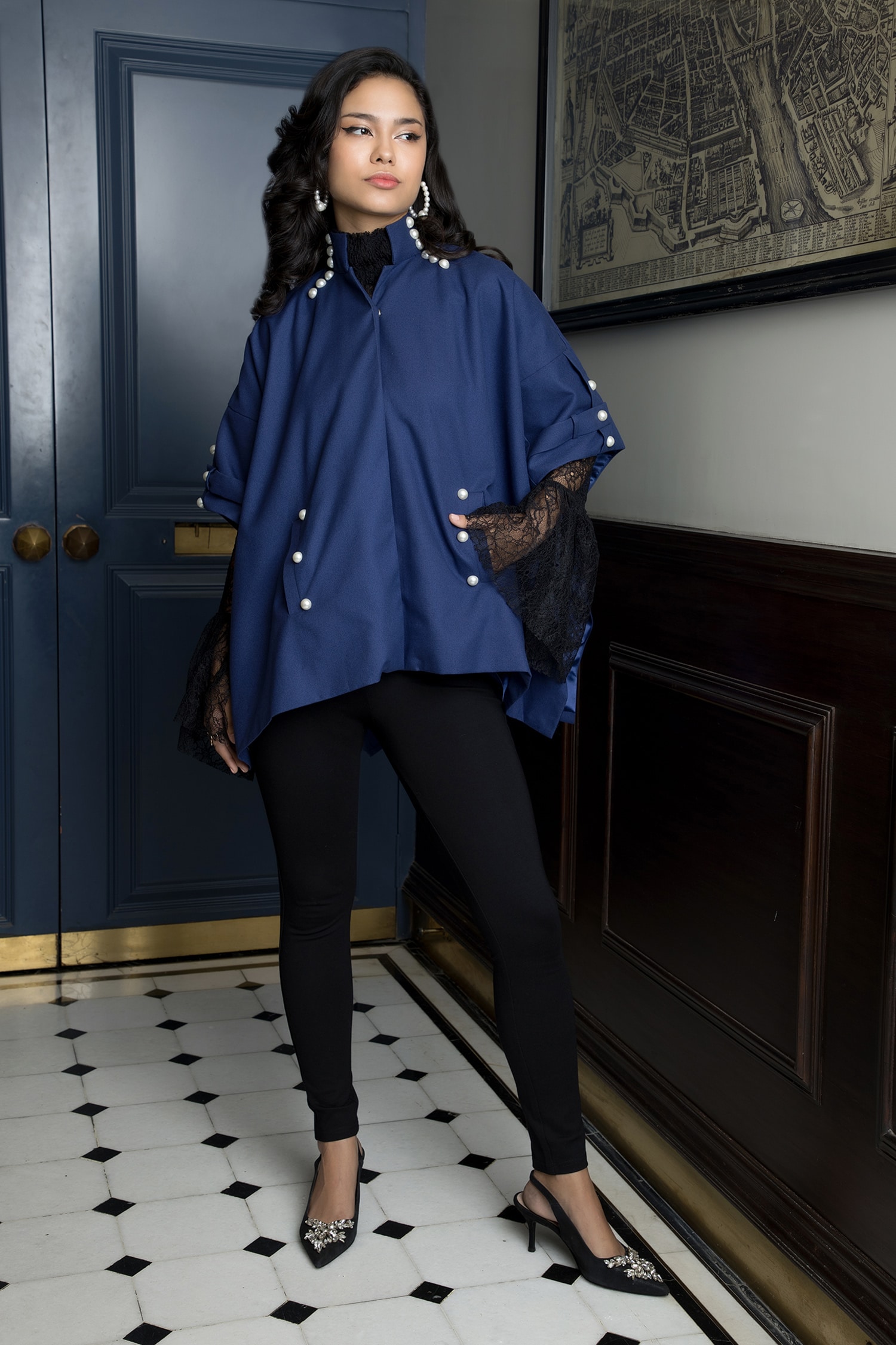 Buy Rhe-Ana Blue Outer - Blended Wool Tanzanite Pearl Embellished Cape ...