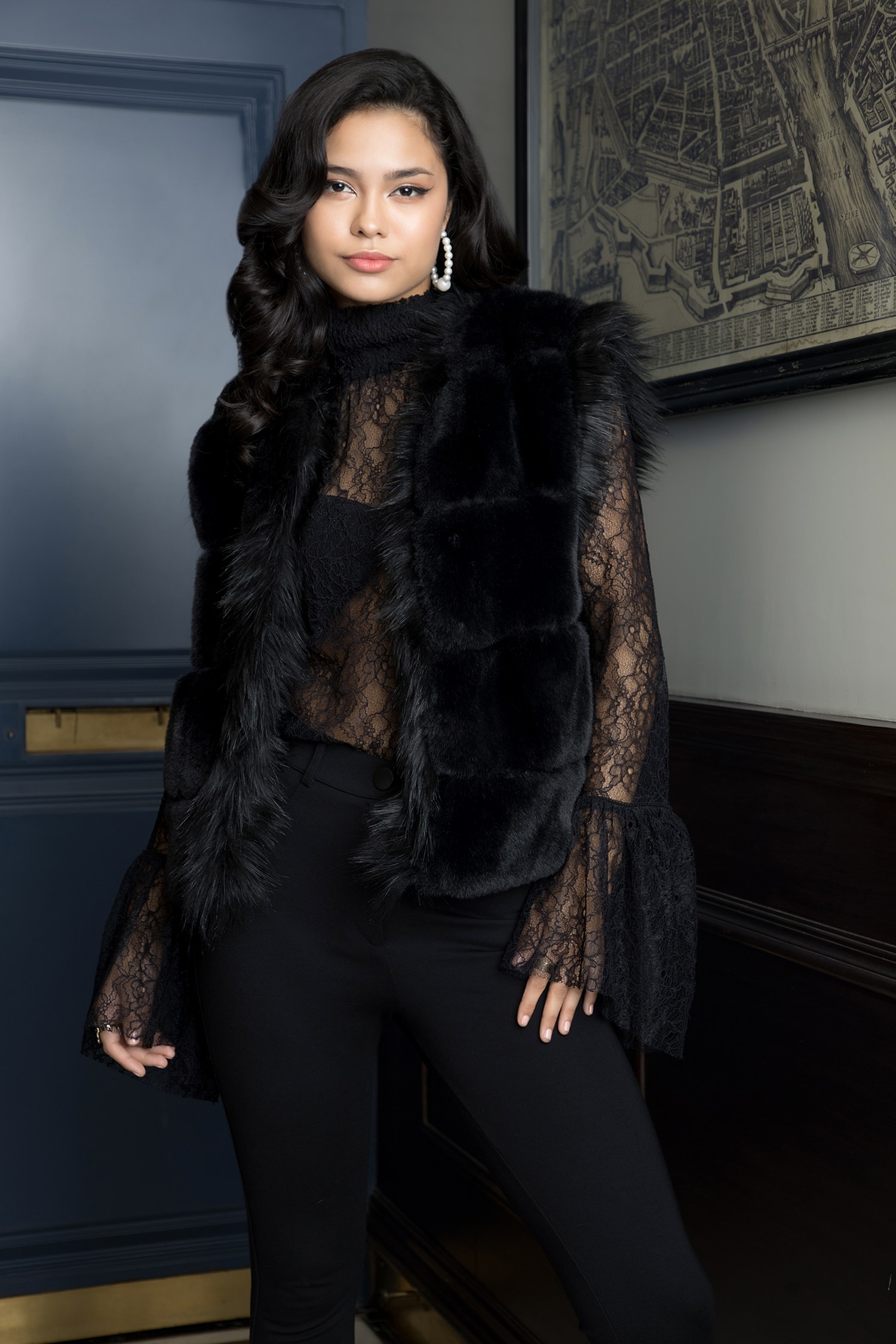 Buy Black 100% Polyester Front Open Raven Faux Fur Detailed Gilet For ...