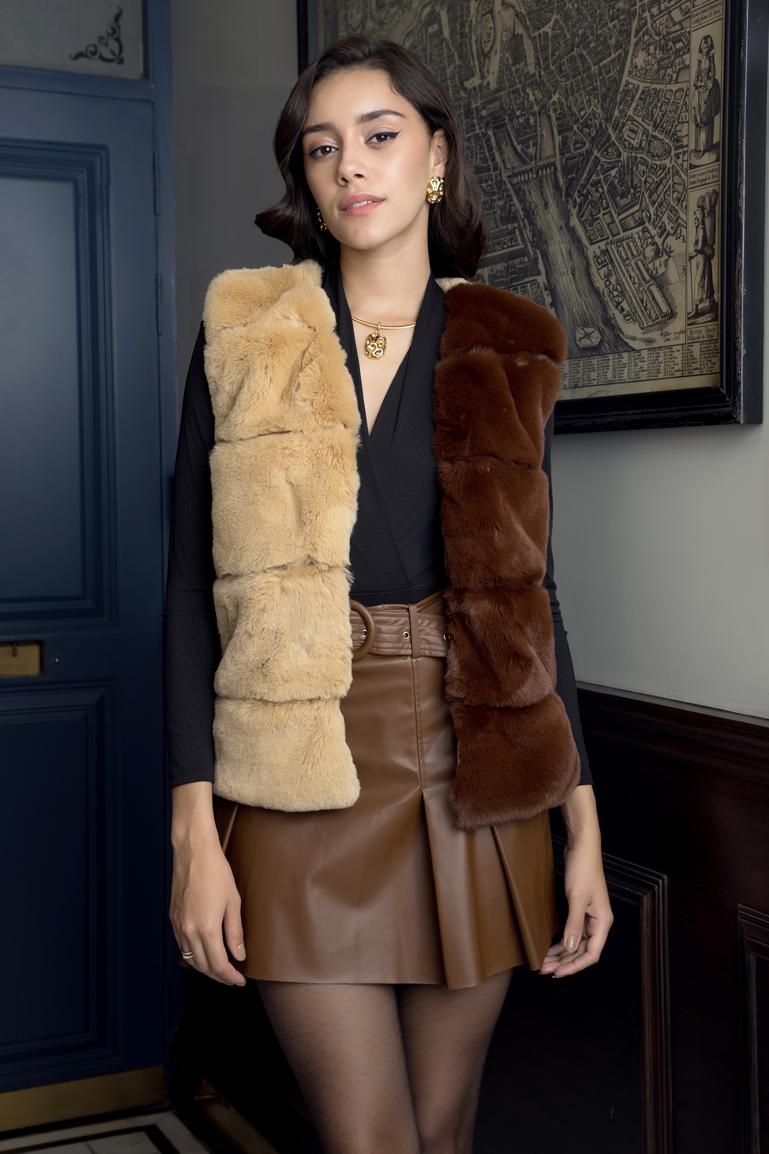 Buy Brown 100% Polyester Front Open Aspen And Faux Fur Gilet For Women ...