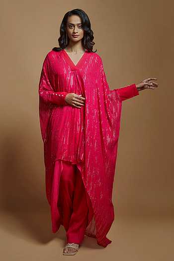 Buy Pink Georgette Embroidered Gota Work V Neck High-low Tunic For ...