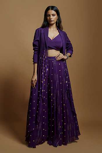 Buy Purple Crepe And Embroidered Georegtte Long Cape Jacket For Women ...
