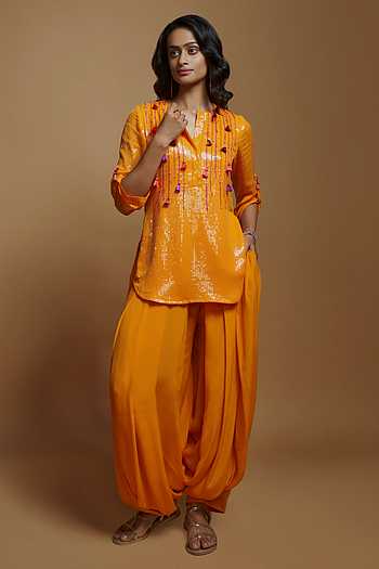 Buy Orange Crepe Plain Pleated Patiala Pant For Women by Style Junkiie ...