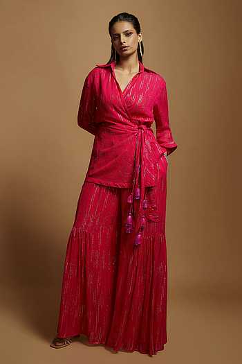 Buy Style Junkiie Pink Georgette Gota Work Wrap Tunic Online | Aza Fashions