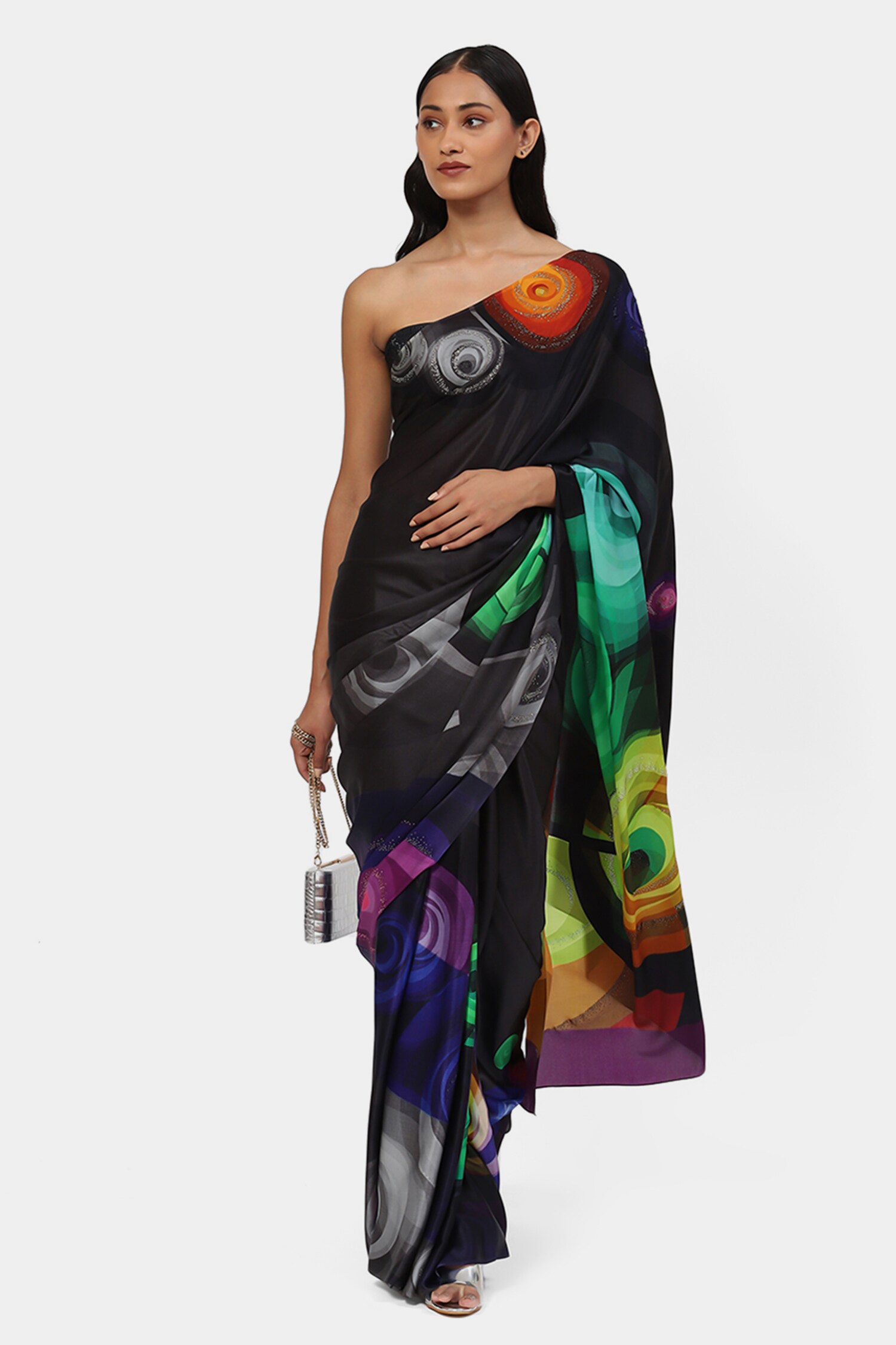Buy Grey Satin Georgette Floral Cosmic Mesmer Saree With Running Blouse ...