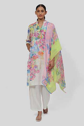 Buy Ivory Linen Impressionist Block Print Floral Springs Embrace Kurta ...