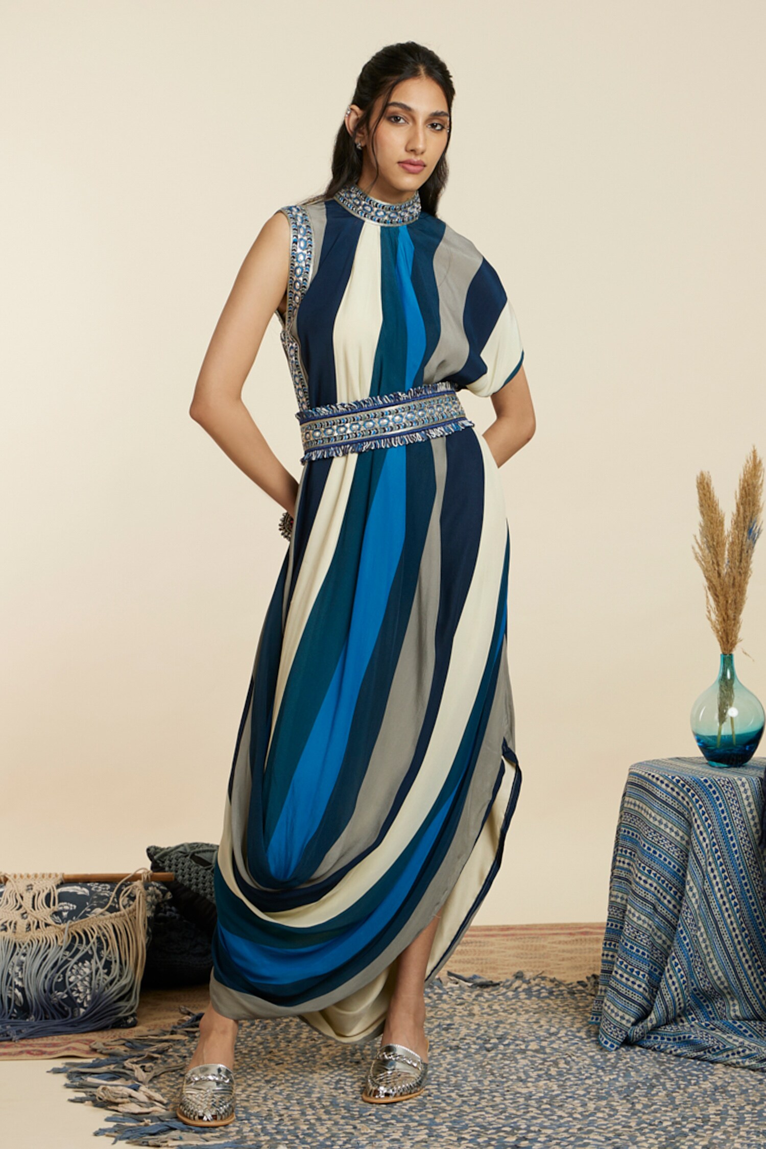 Buy Blue Crepe Woven Striped High Neck Print Draped Dress With Belt For ...