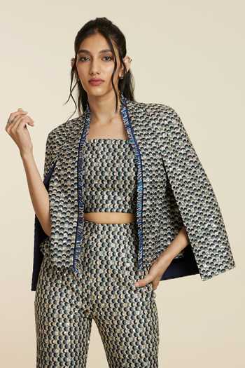 Buy Blue Woven Thread Scalloped Pattern Jacket For Women by SVA by ...
