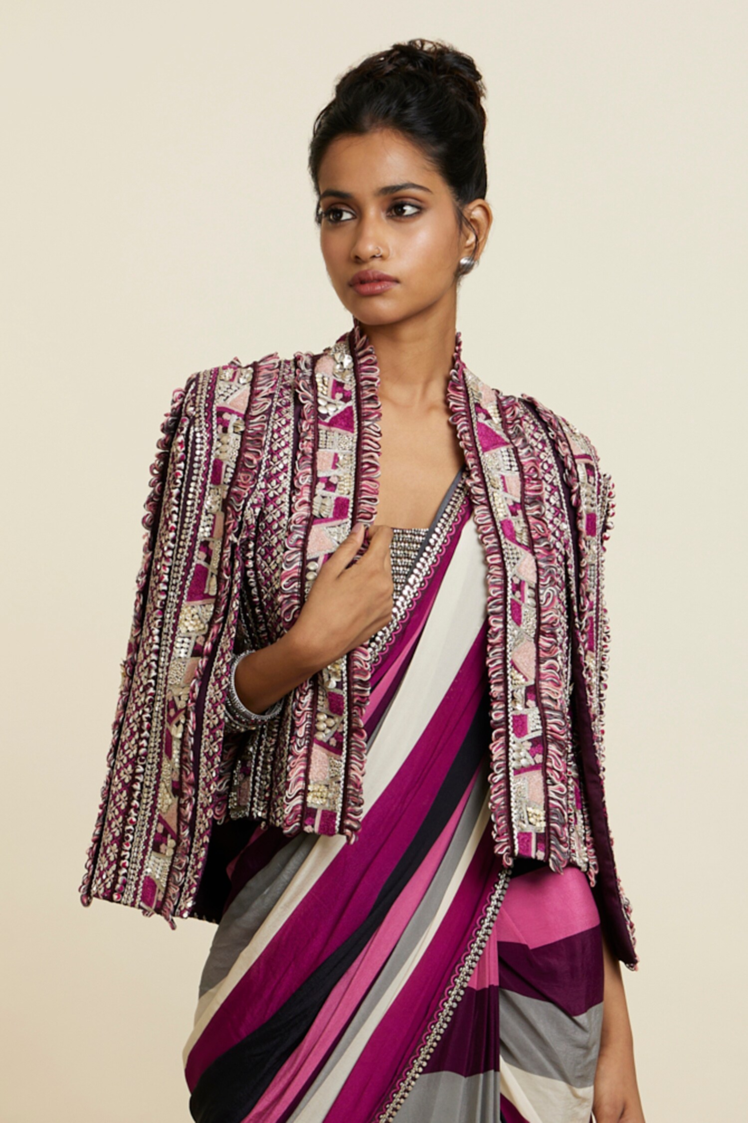 Buy Pink Woven Floral Embroidered Jacket For Women by SVA by Sonam ...