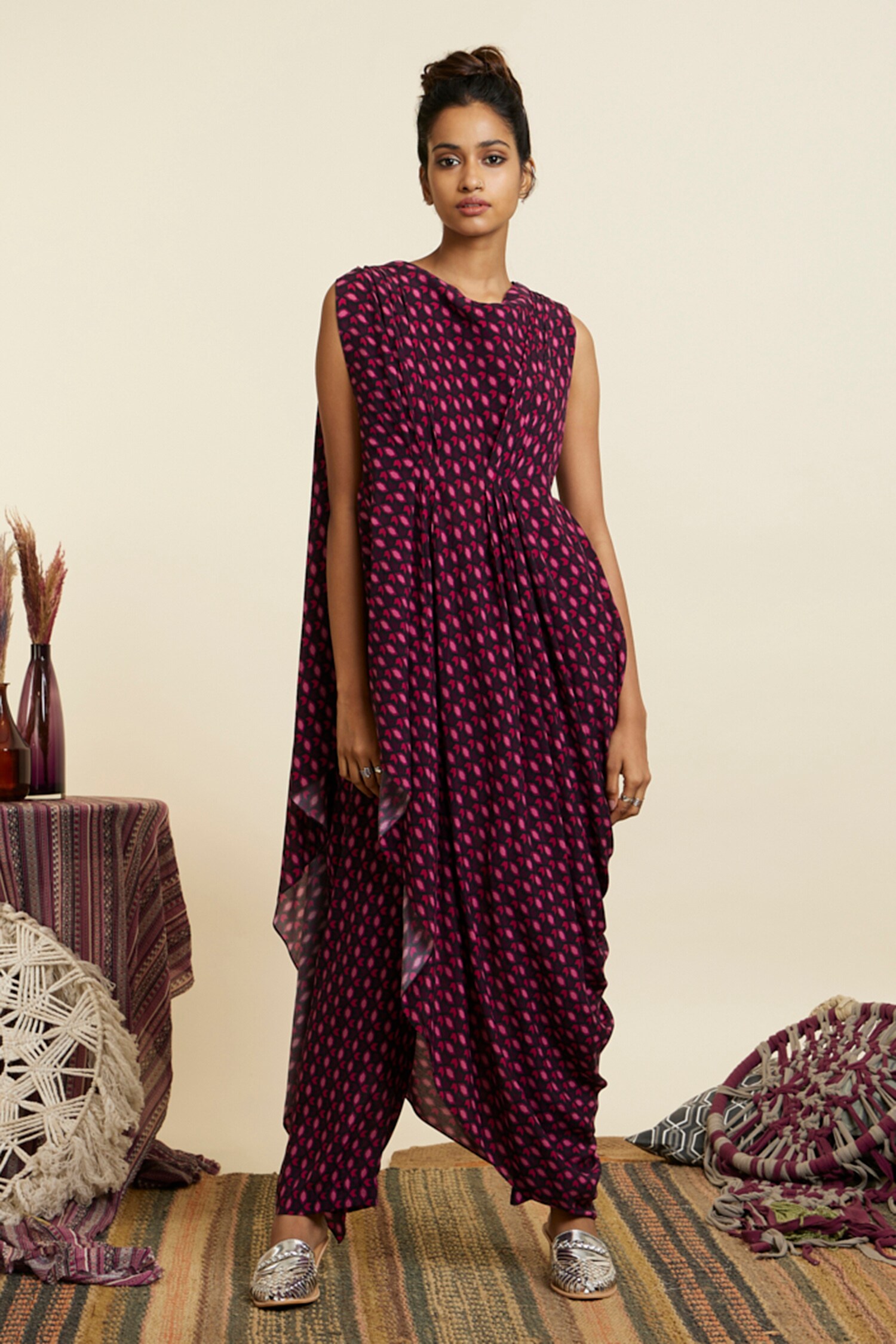 Buy Multi Color Crepe Printed Geometric Geo Draped Crop Top With Pant ...