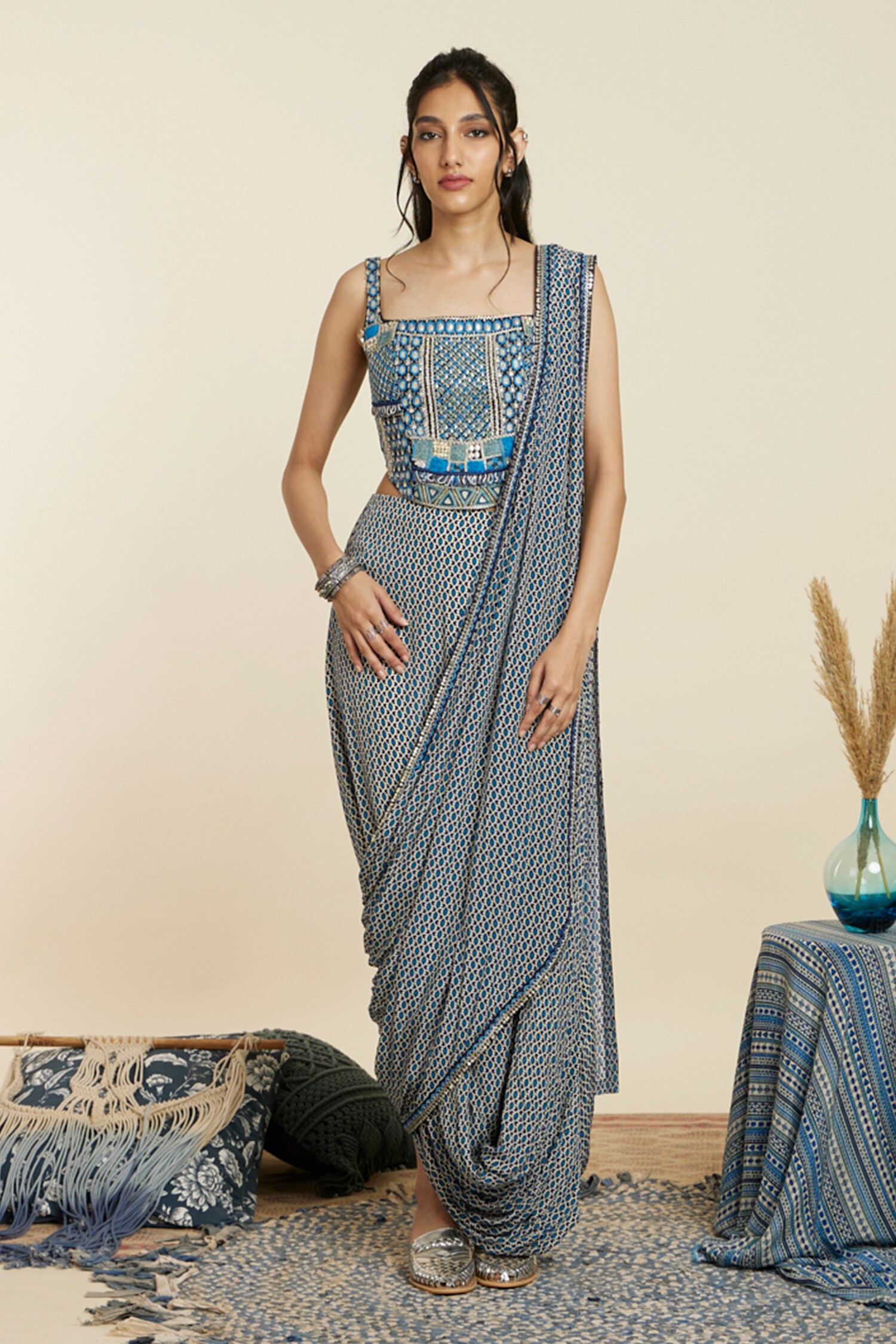 Buy Blue Crepe Printed Geometric Square Pre-draped Saree With Crop Top ...