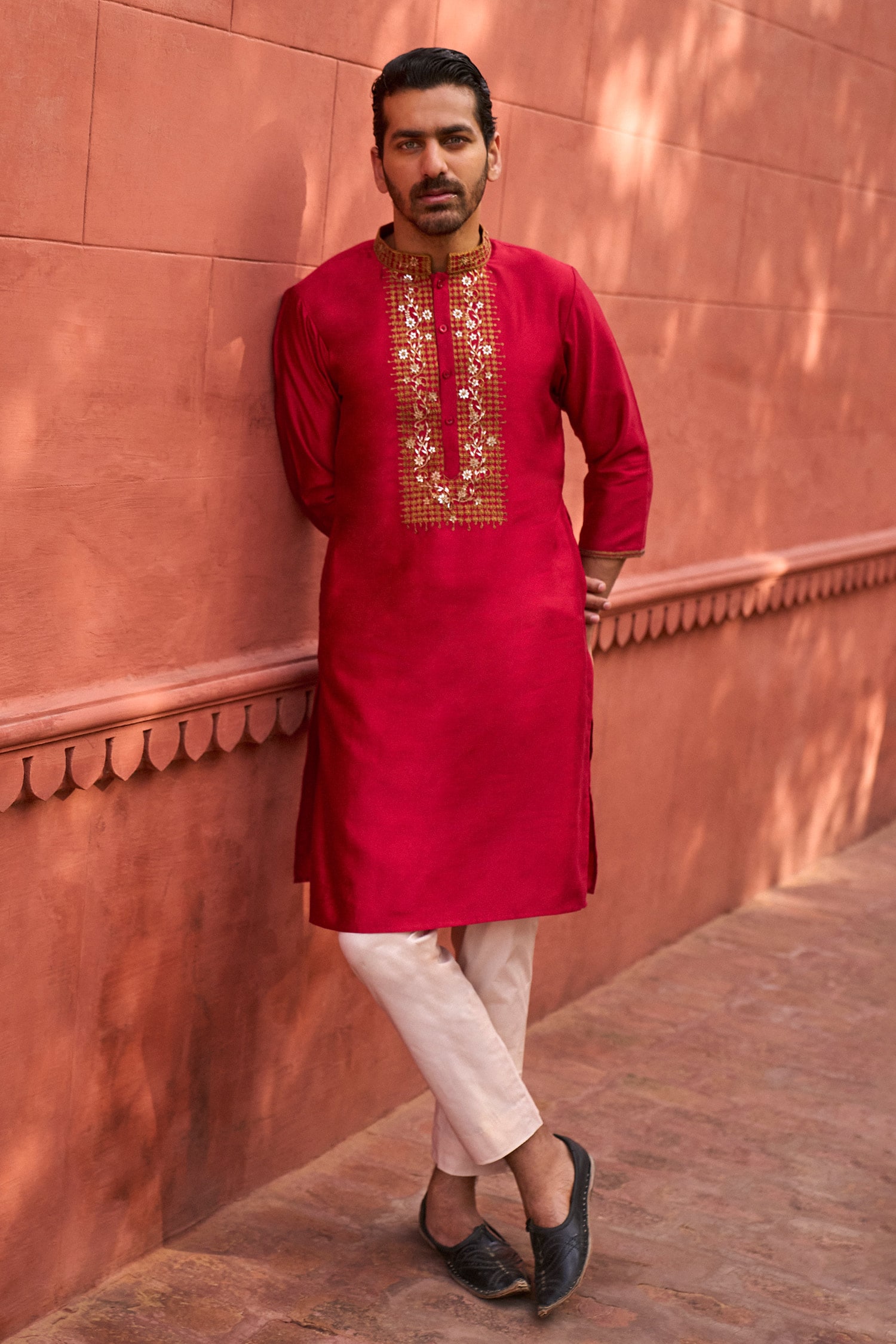 Buy Red Tusser Silk Embroidered Patra Applique Work Kurta Pant Set For ...