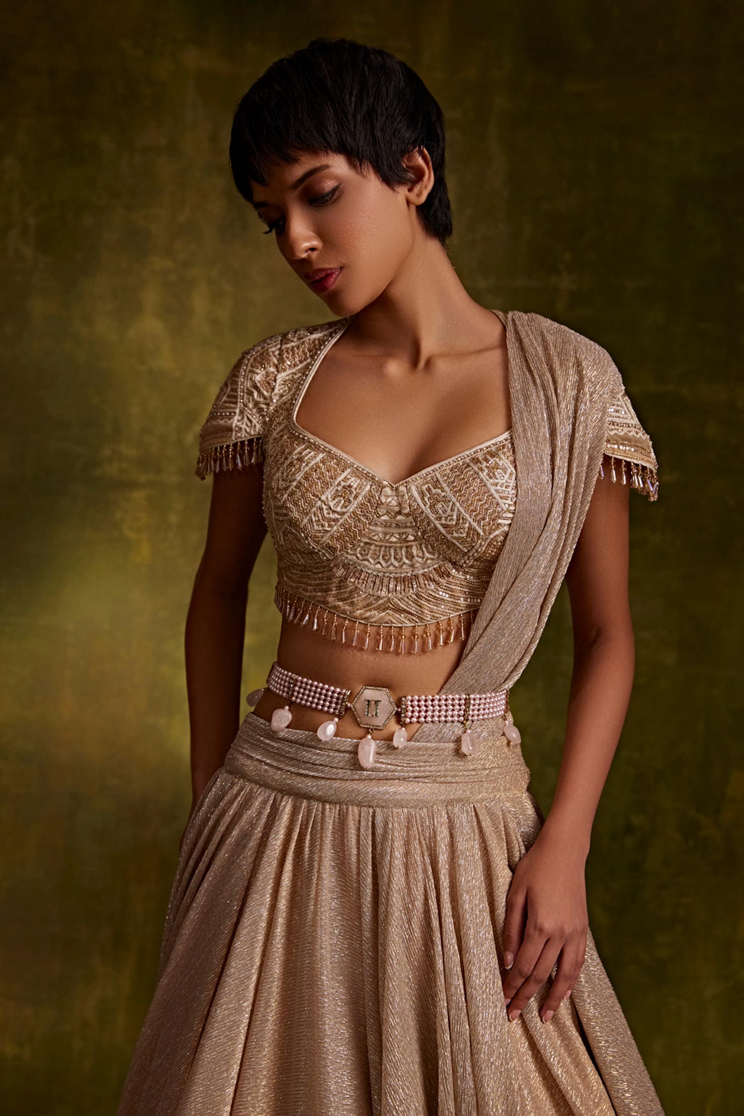 Buy Pink Glass And Tamble Embellished Pearl Brooch Belt by Tarun ...