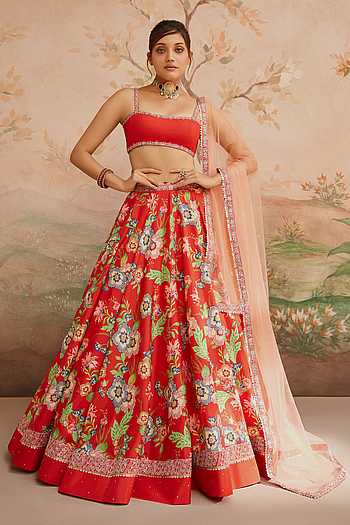 Buy Red Silk Printed Floral Square Neck Lehenga Set For Women by ...