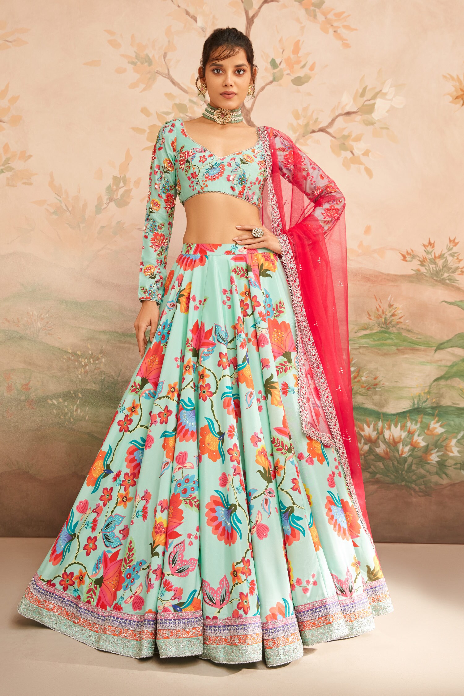 Buy Green Silk Printed Blossom Leaf Neck Lehenga Set For Women by ...