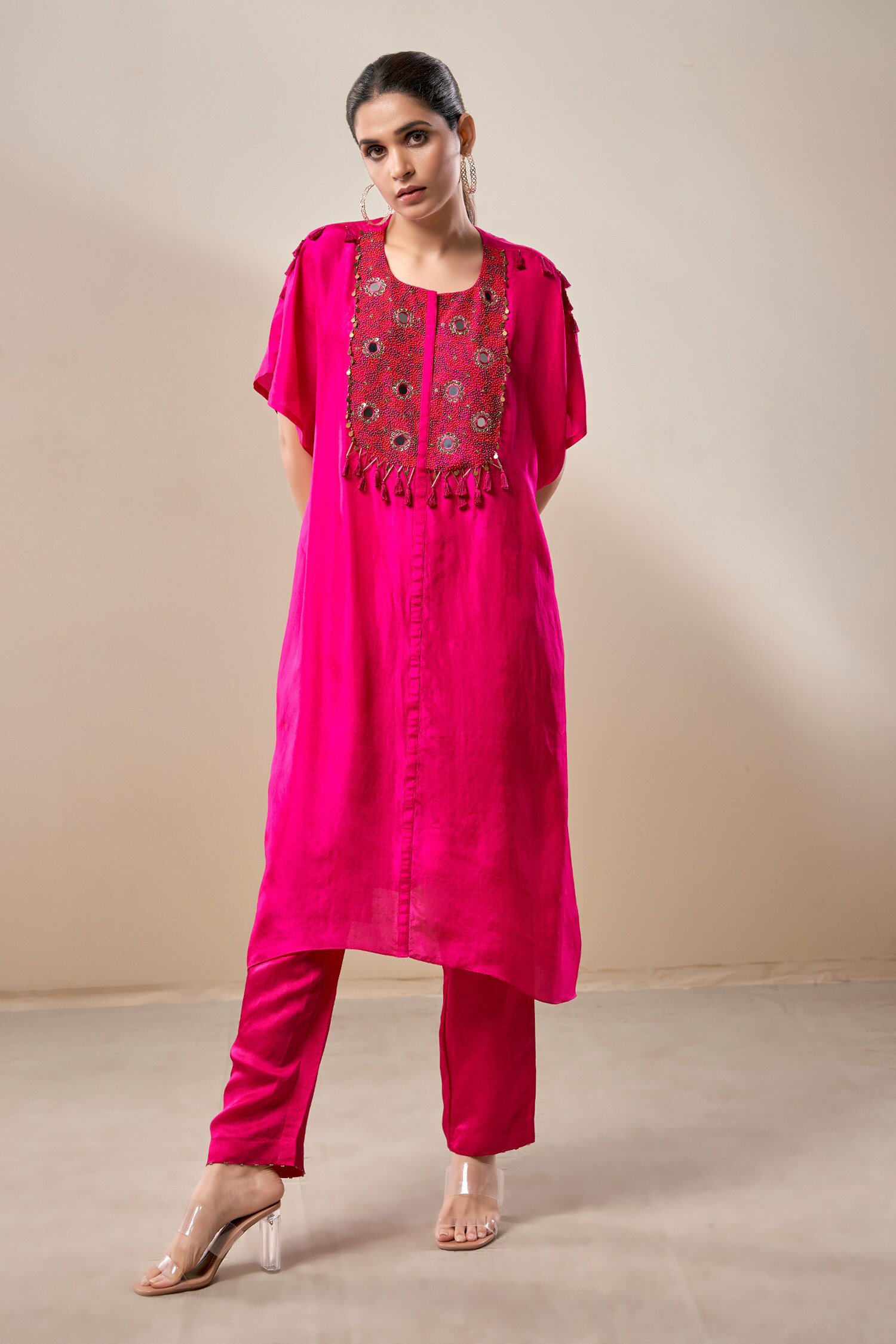 Buy Pink Kaftan Habutai Silk Embroidery Mirror Round Yoke And Pant Set ...