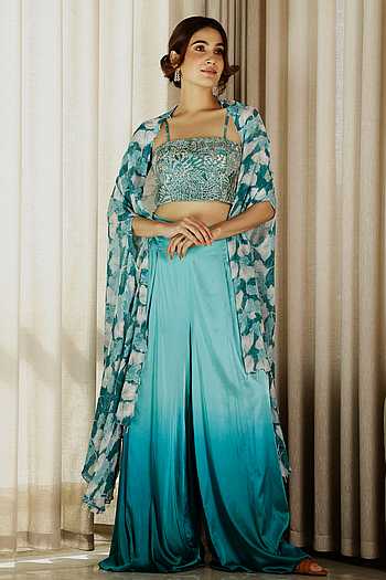 Buy Blue Blouse Viscose Crepe Printed Floral Square Neck Cape Sharara ...