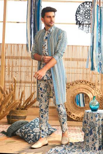 Buy SVA by Sonam & Paras Modi Blue Boho Stripe Pattern Jacket Kurta Set ...