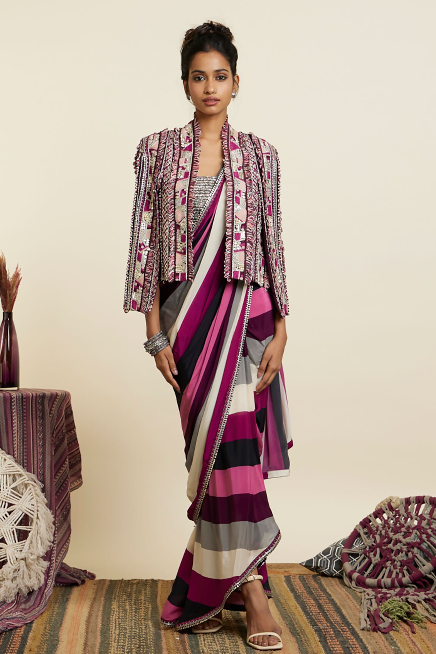 Buy Multi Color Crepe Print Stripe Jacket: Pre-draped Saree Set For ...