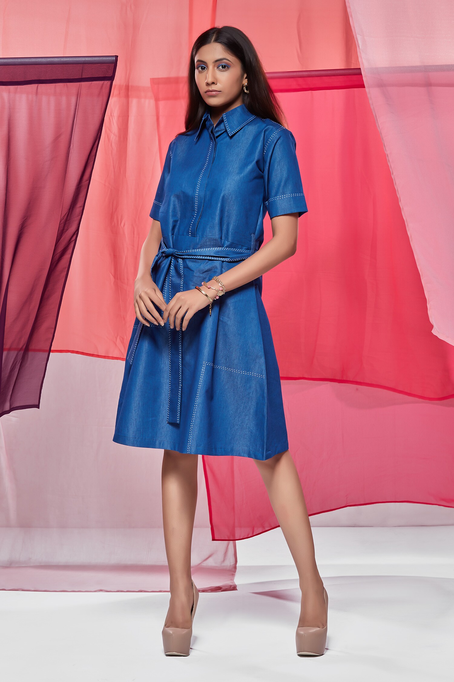 Buy Blue Denim Embroidered Thread Collar Midi Dress With Detachable ...