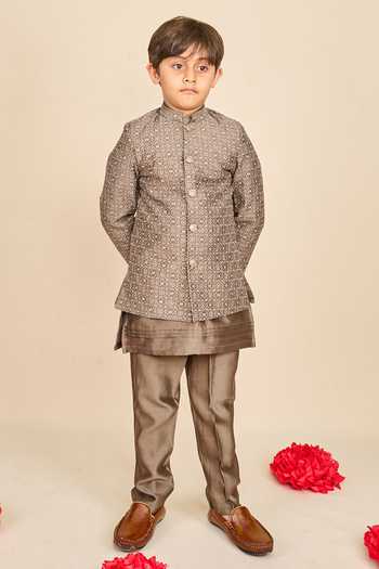 Buy All Boy Couture Grey Embroidered Silk Bandhgala And Pyjama Set For ...