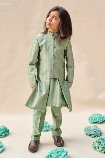 Buy All Boy Couture Green Silk Zari Woven Achkan And Kurta Set For Boys ...