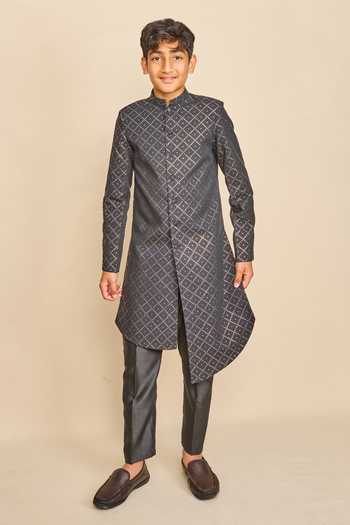 Buy All Boy Couture Black Silk Mukaish Embroidered Achkan Set For Boys ...