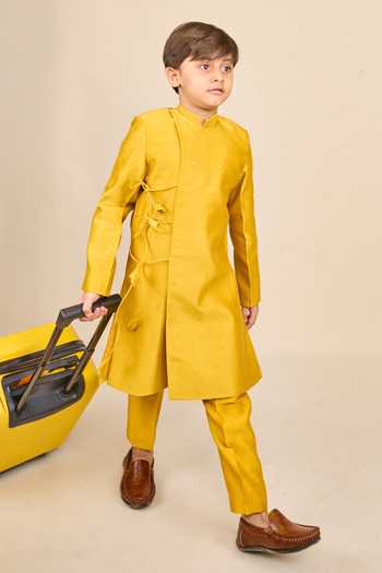 Buy All Boy Couture Yellow Mukaish Work Angrakha Achkan Set For Boys ...