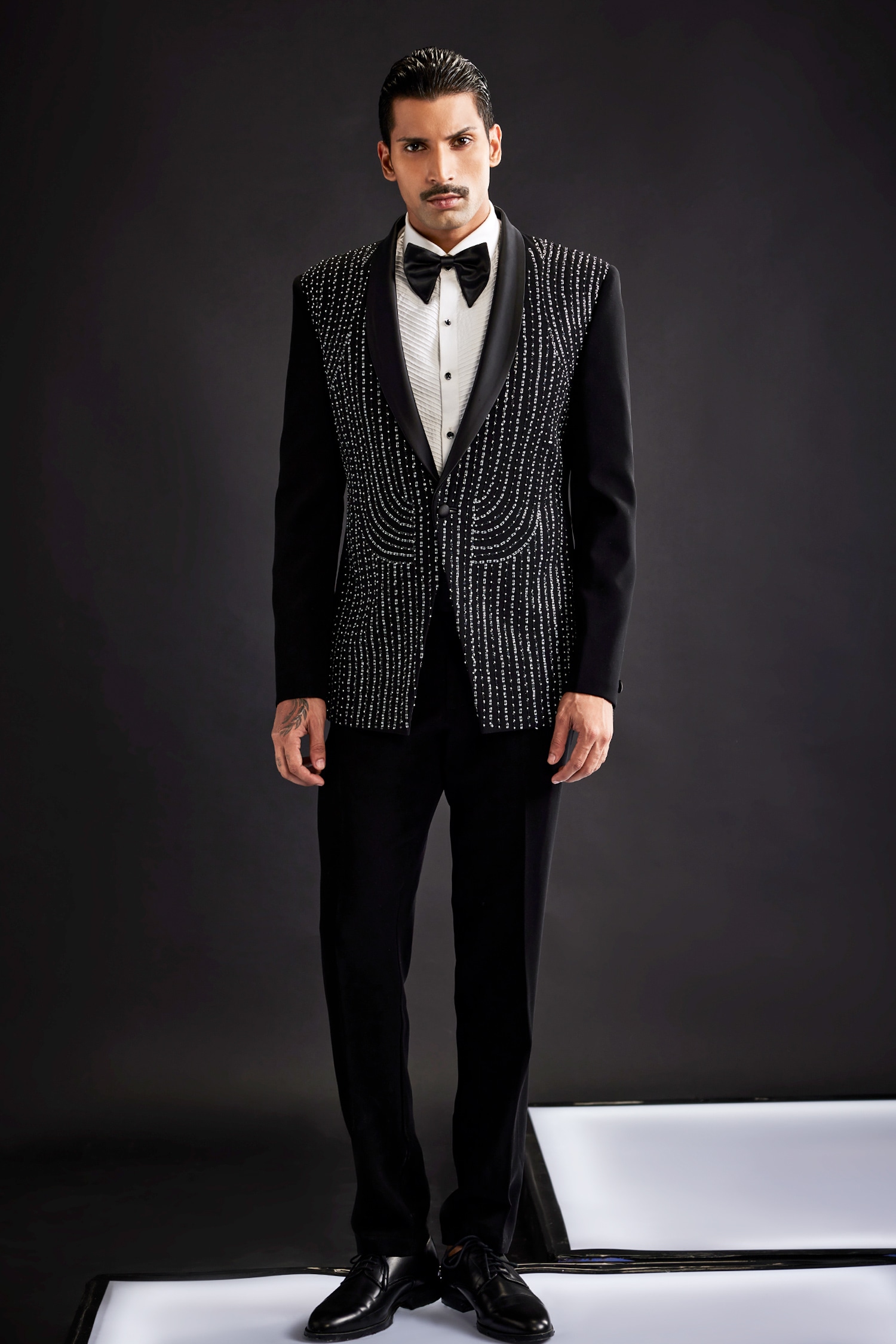 Buy Black Sandwash Embellished Sequin Maze Tuxedo And Pant Set For Men ...