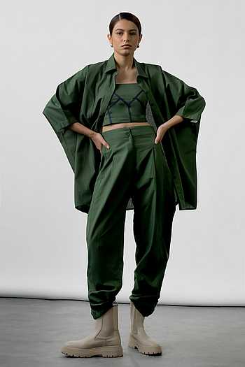 Buy Green Cotton Linen Embroidered Thread And Patch Work Thriving Pant ...