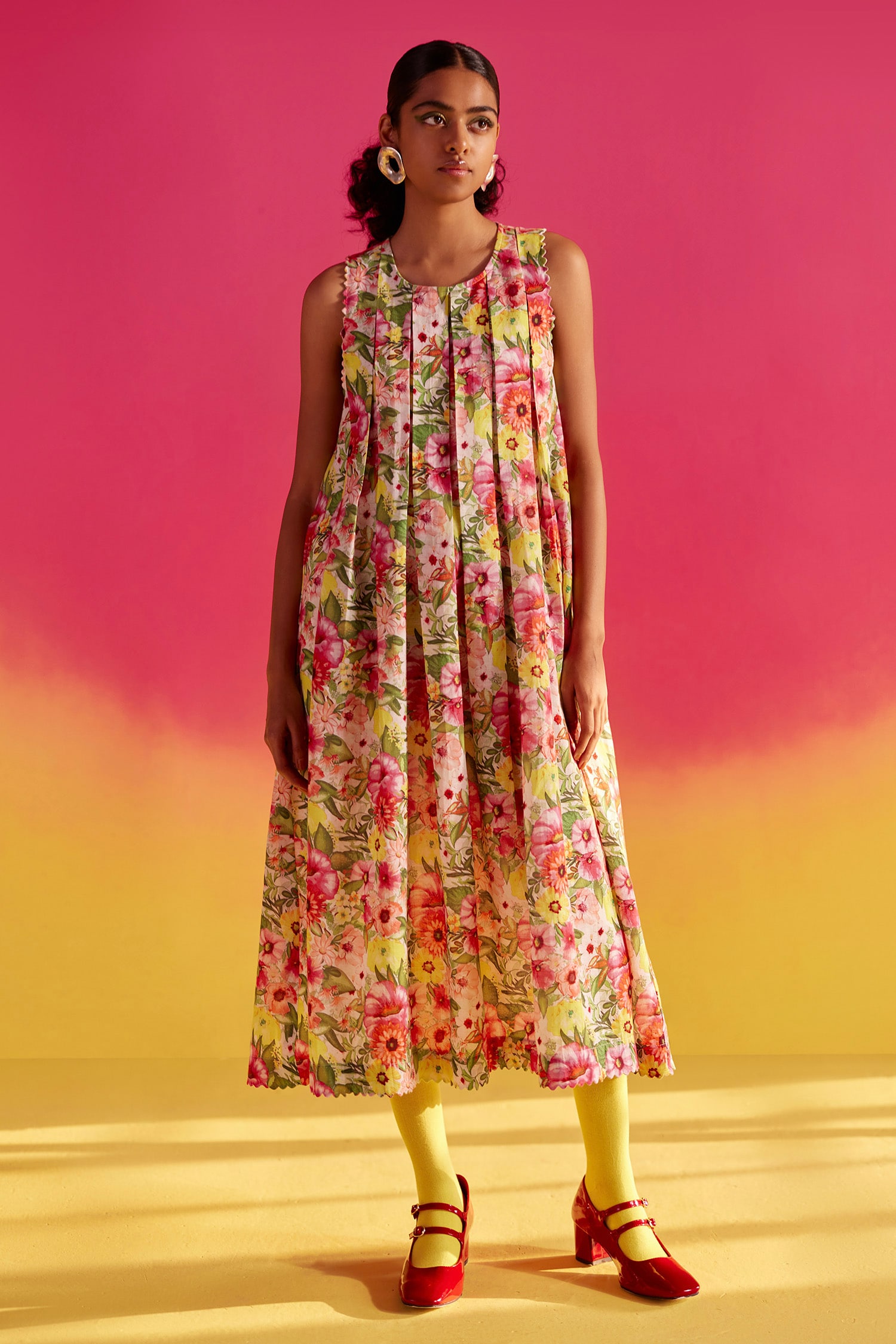 Buy Multi Color Organic Fabric Round Calendula Box Pleat A Line Dress ...