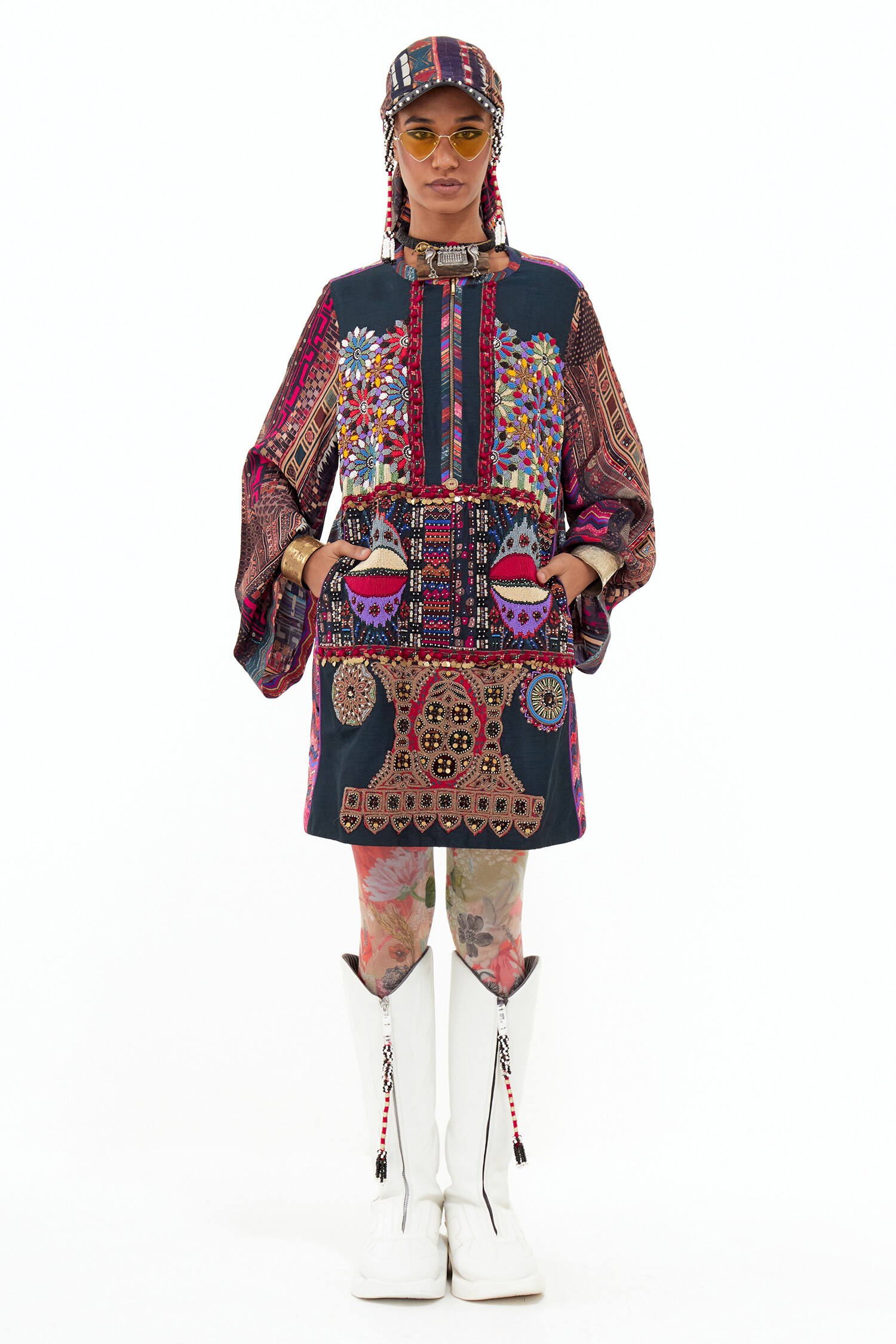 Buy Multi Color Velvet Embroidery Moti Round Mehru Bead Dress For Women ...